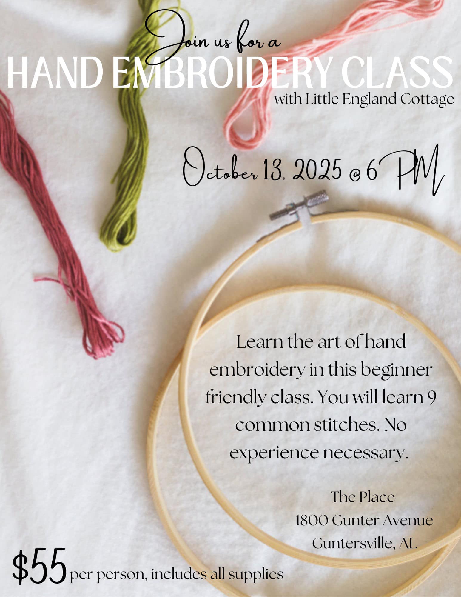 Hand Embroidery Class - The Place - Lake Guntersville Chamber